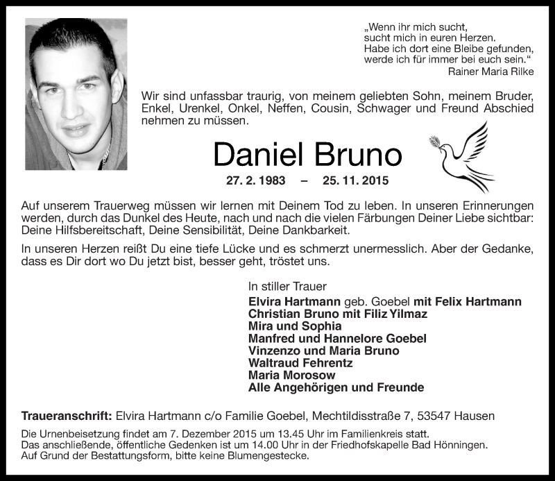 Traueranzeigen von Daniel Bruno | rz-trauer.de