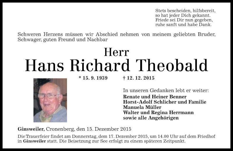 Traueranzeigen von Hans Richard Theobald | rz-trauer.de