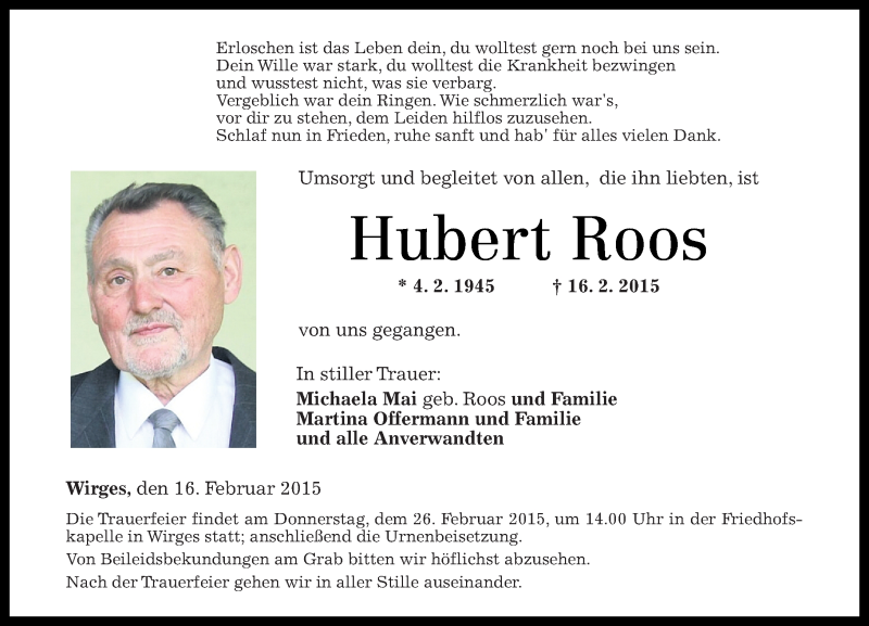 Traueranzeigen von Hubert Roos | rz-trauer.de