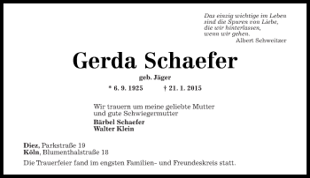 Traueranzeigen von Gerda Schaefer | rz-trauer.de