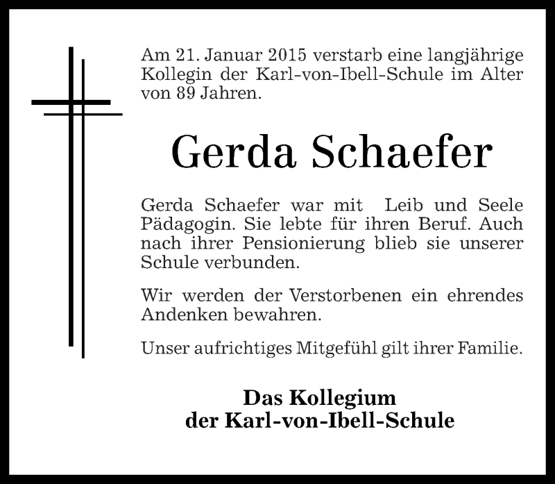 Traueranzeigen von Gerda Schaefer | rz-trauer.de