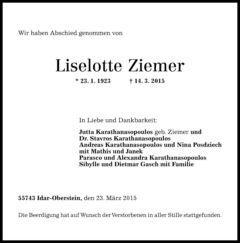 Traueranzeigen von Liselotte Ziemer | rz-trauer.de