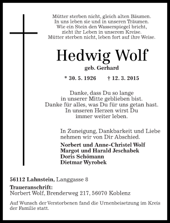 Traueranzeigen von Hedwig Wolf | rz-trauer.de