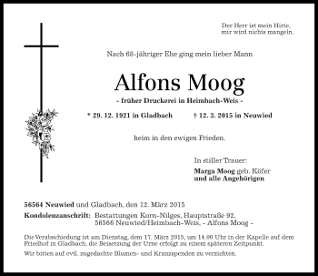 Traueranzeigen von Alfons Moog | rz-trauer.de