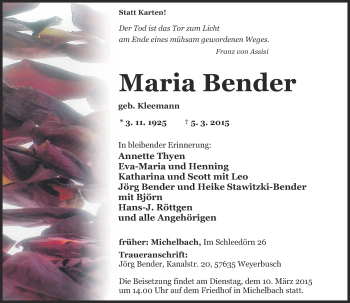 Traueranzeigen von Maria Bender | rz-trauer.de