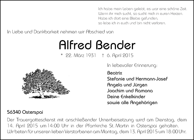 Traueranzeigen von Alfred Bender | rz-trauer.de