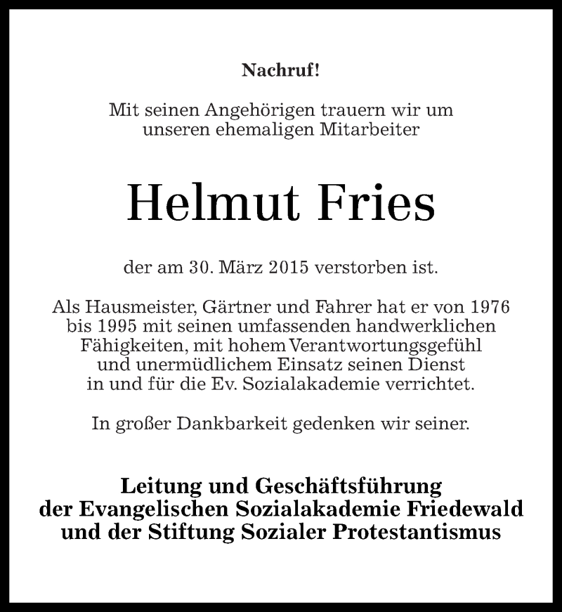 Traueranzeigen von Helmut Fries | rz-trauer.de