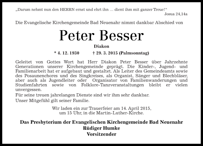 Traueranzeigen von Peter Besser | rz-trauer.de