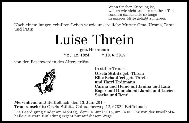 Traueranzeigen von Luise Threin | rz-trauer.de