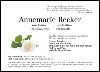 Traueranzeigen von Annemarie Becker | rz-trauer.de