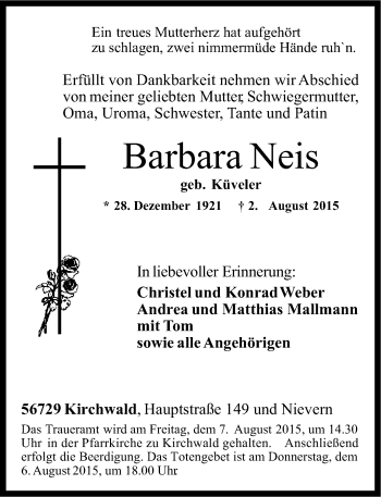 Traueranzeigen von Barbara Neis | rz-trauer.de