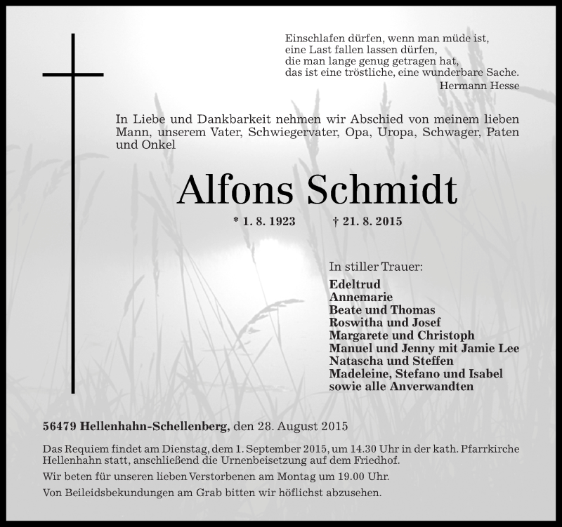 Traueranzeigen von Alfons Schmidt | rz-trauer.de