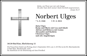 Traueranzeigen von Norbert Ulges | rz-trauer.de