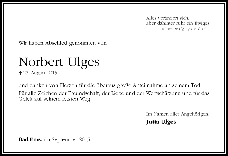 Traueranzeigen von Norbert Ulges | rz-trauer.de
