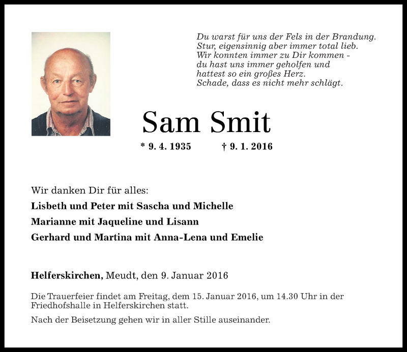 Traueranzeigen von Sam Smit | rz-trauer.de