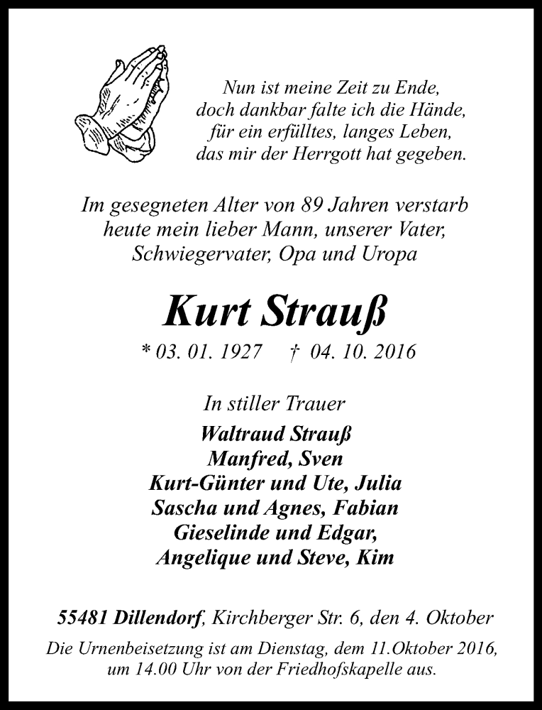 Traueranzeigen von Kurt Strauß | rz-trauer.de