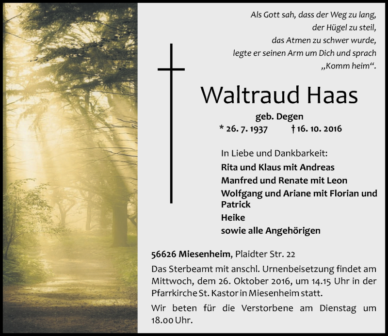 Traueranzeigen von Waltraud Haas | rz-trauer.de