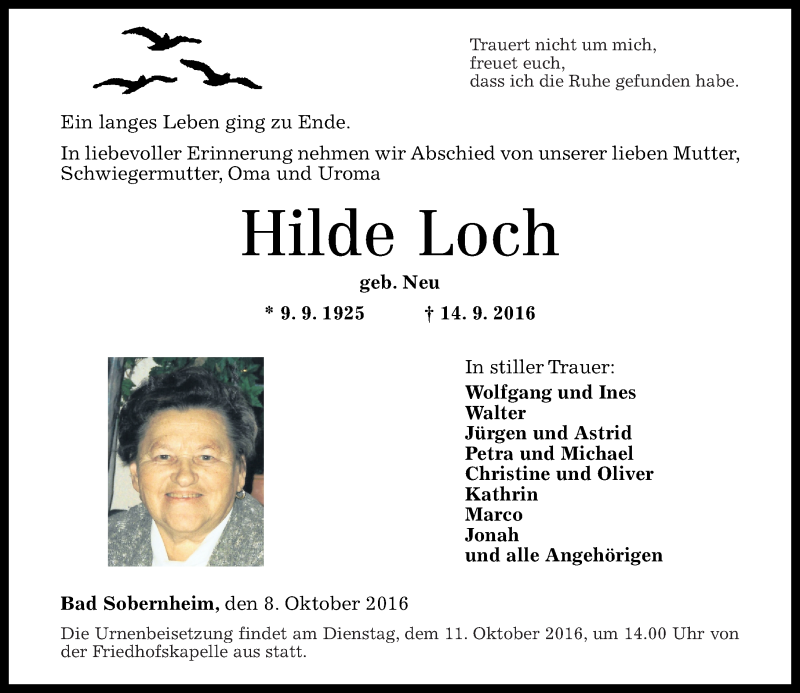 Traueranzeigen von Hilde Loch | rz-trauer.de