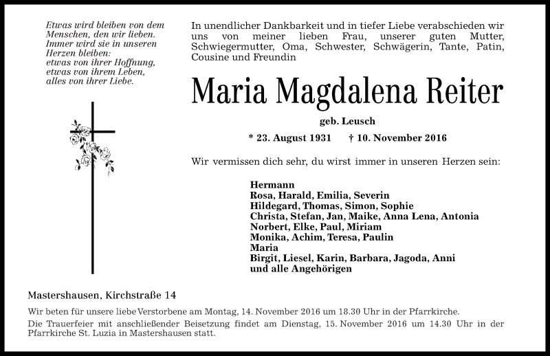 Traueranzeigen von Maria Magdalena Reiter | rz-trauer.de