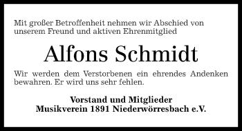 Traueranzeigen von Alfons Schmidt | rz-trauer.de