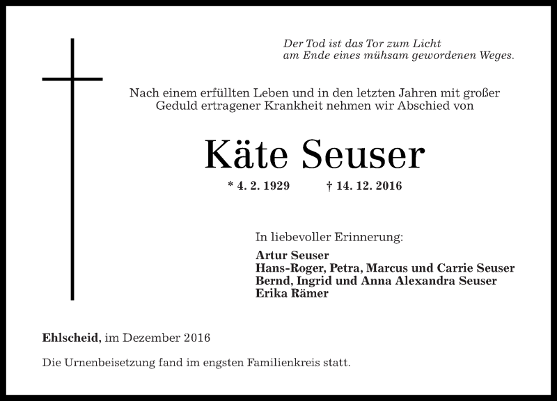 Traueranzeigen von Käte Seuser | rz-trauer.de