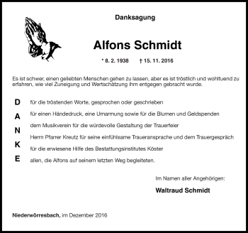 Traueranzeigen von Alfons Schmidt | rz-trauer.de
