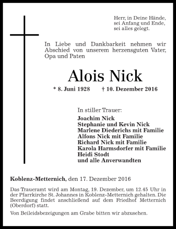 Traueranzeigen von Alois Nick | rz-trauer.de