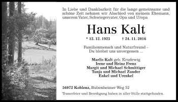 Traueranzeigen von Hans Kalt | rz-trauer.de
