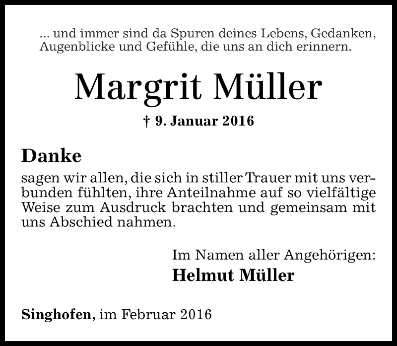 Traueranzeigen von Margrit Müller | rz-trauer.de