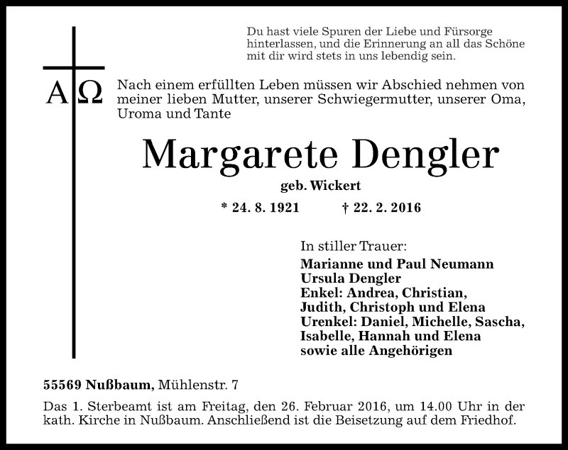 Traueranzeigen von Margarete Dengler | rz-trauer.de