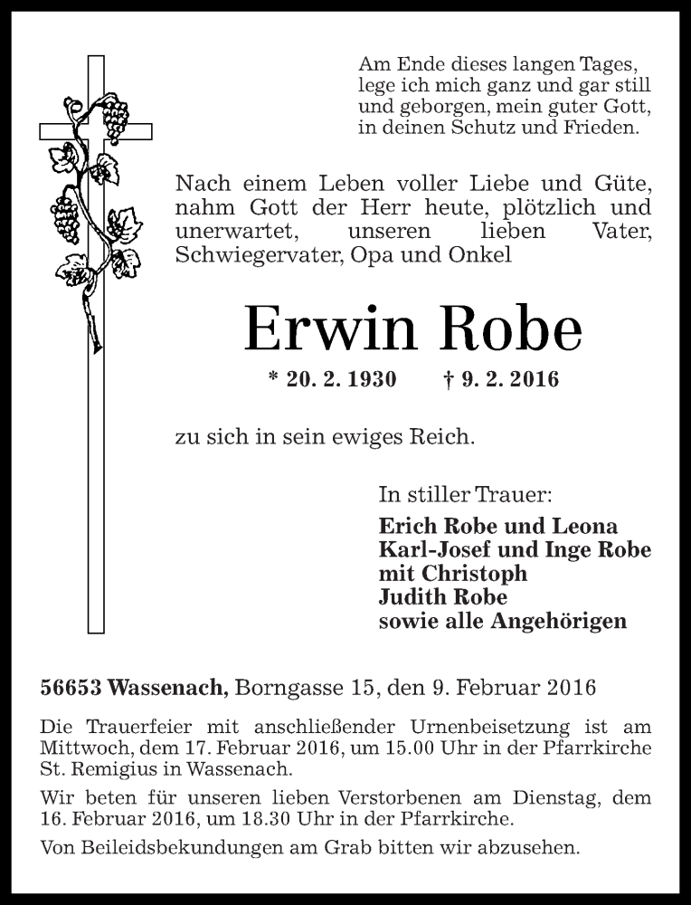 Traueranzeigen von Erwin Robe | rz-trauer.de