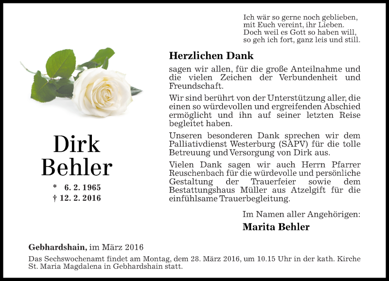 Traueranzeigen von Dirk Behler | rz-trauer.de