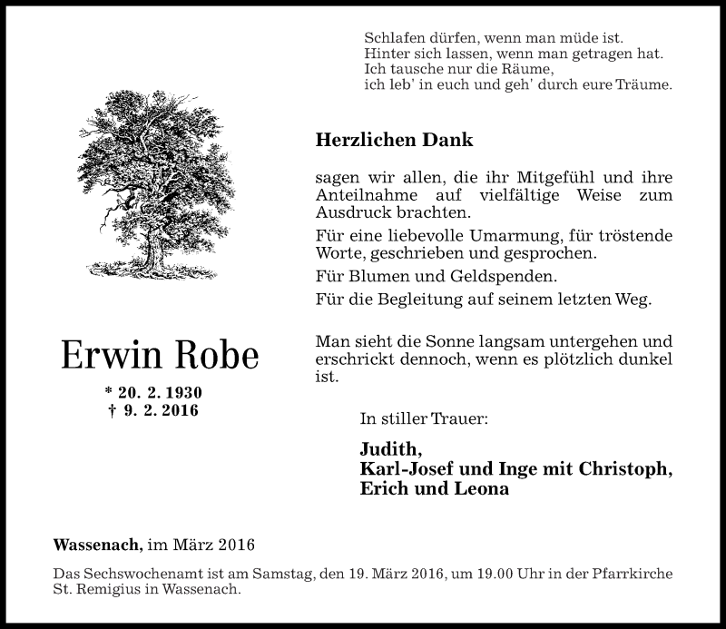Traueranzeigen von Erwin Robe | rz-trauer.de