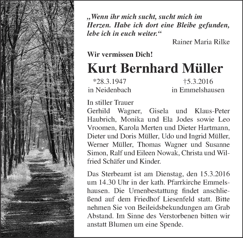 Traueranzeigen von Kurt Bernhard Müller | rz-trauer.de