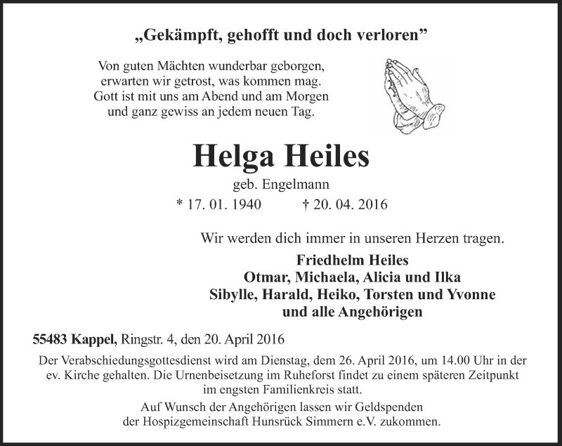 Traueranzeigen von Helga Heiles | rz-trauer.de