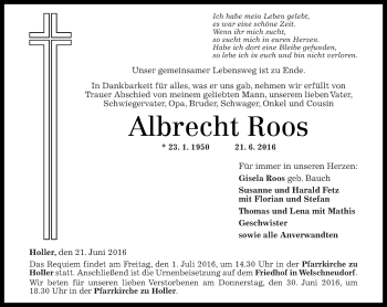 Traueranzeigen von Albrecht Roos | rz-trauer.de