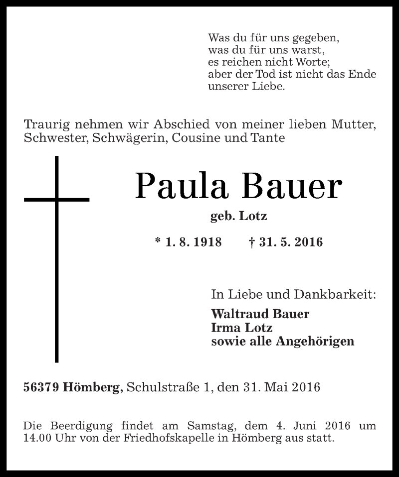 Traueranzeigen von Paula Bauer | rz-trauer.de