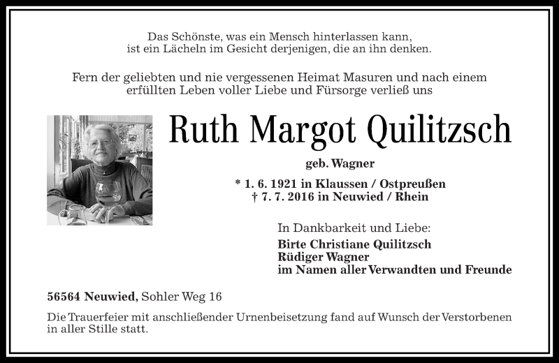Traueranzeigen von Ruth Margot Quilitzsch | rz-trauer.de