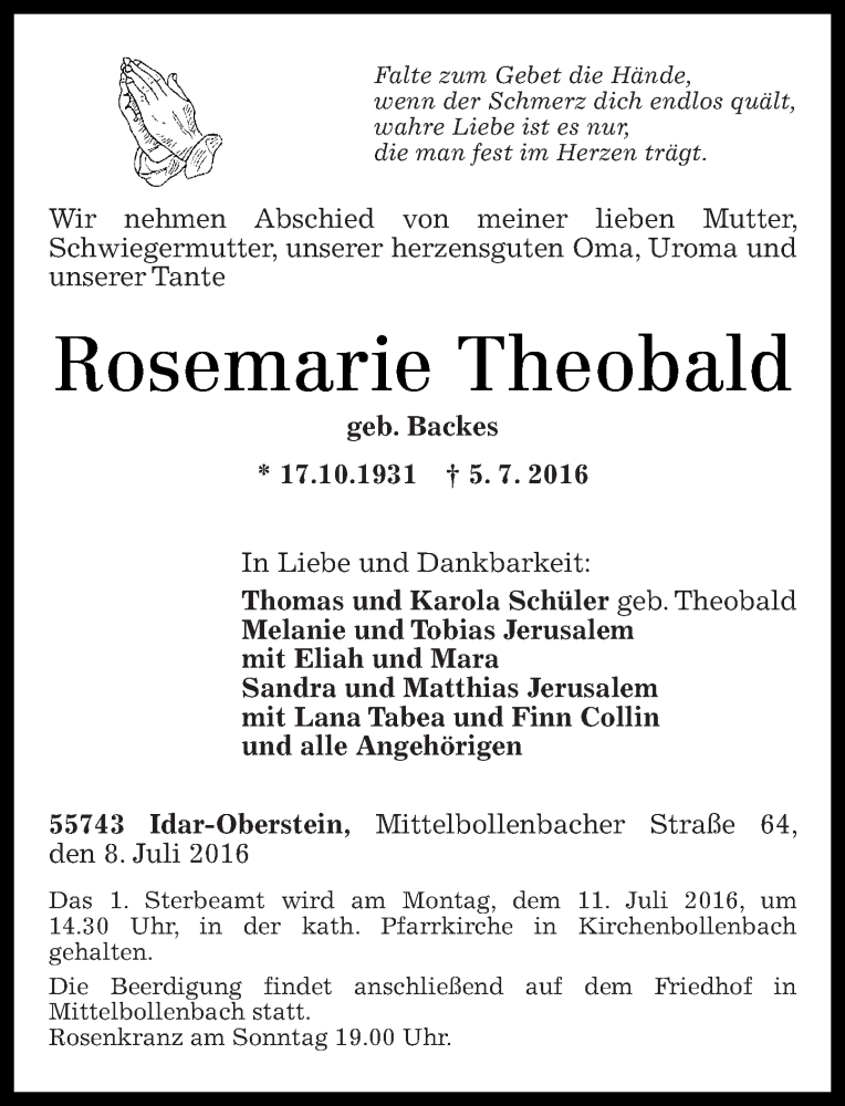 Traueranzeigen von Rosemarie Theobald | rz-trauer.de