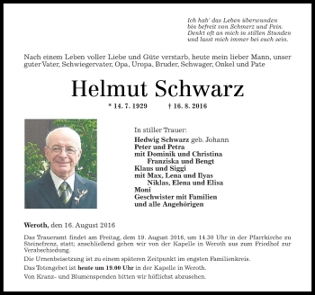 Traueranzeigen von Helmut Schwarz | rz-trauer.de