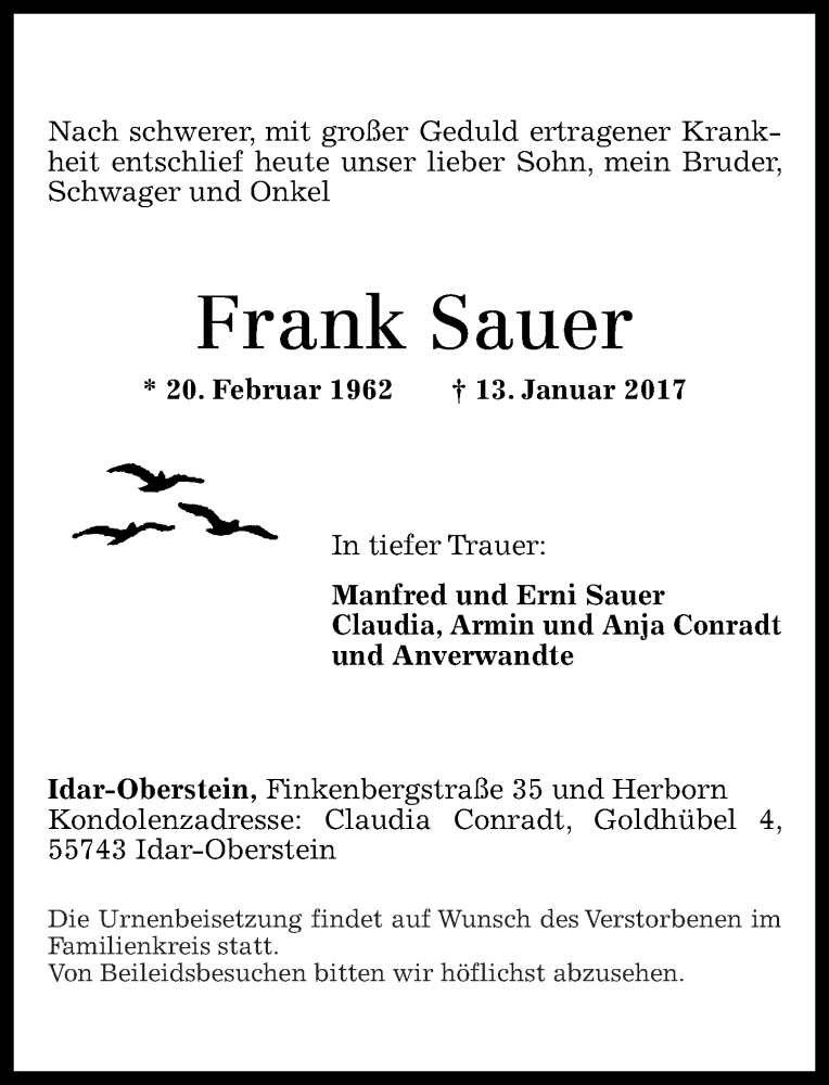 Traueranzeigen von Frank Sauer | rz-trauer.de