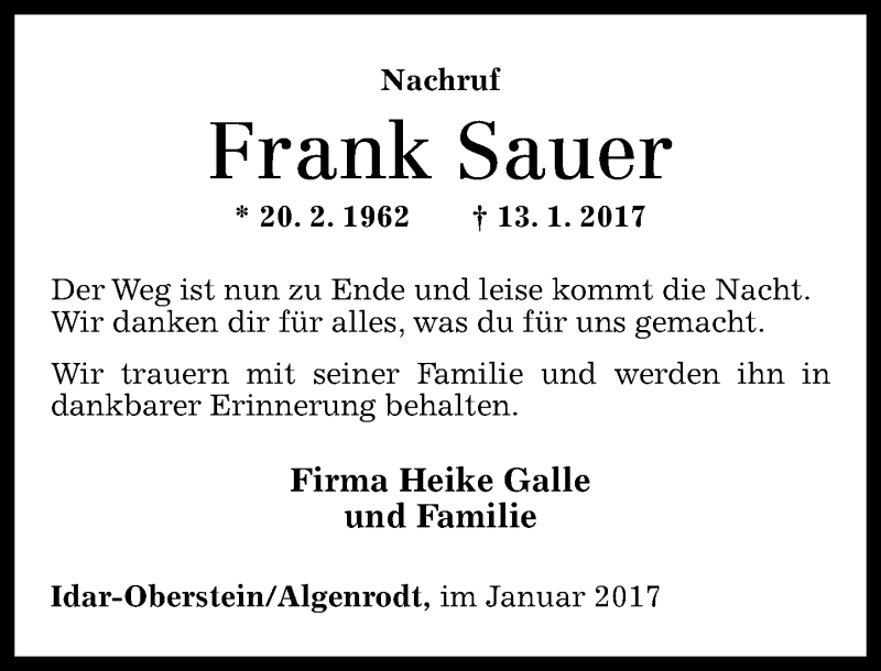 Traueranzeigen von Frank Sauer | rz-trauer.de