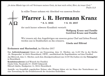 Traueranzeigen von Hermann Kranz | rz-trauer.de