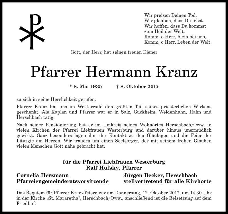 Traueranzeigen von Hermann Kranz | rz-trauer.de