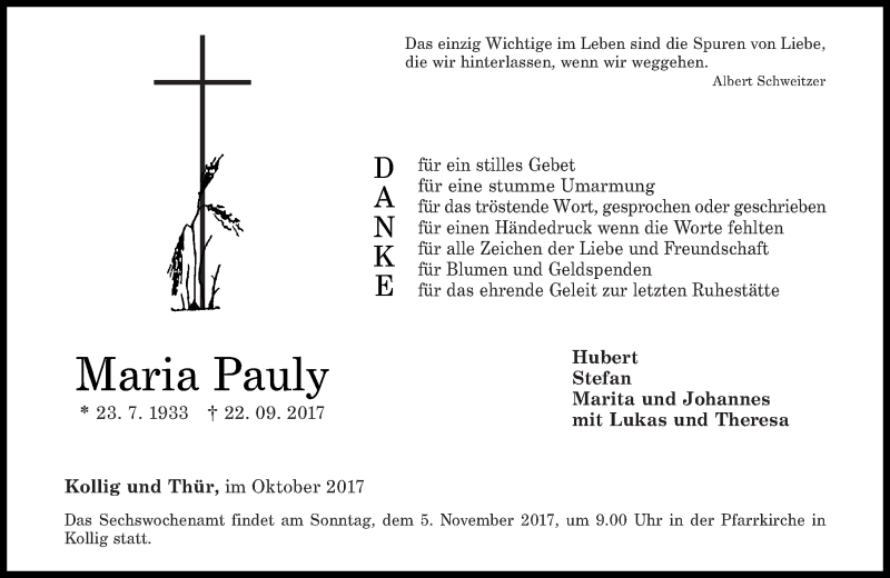 Traueranzeigen von Maria Pauly | rz-trauer.de