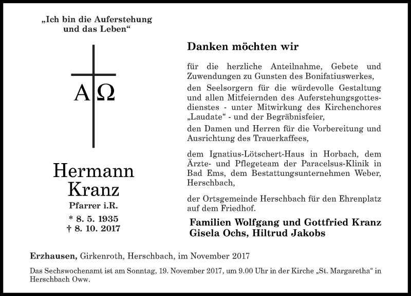 Traueranzeigen von Hermann Kranz | rz-trauer.de