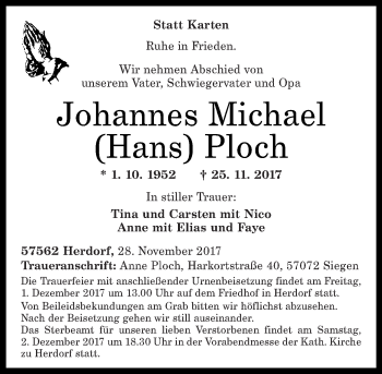 Traueranzeigen von Johannes Michael Ploch | rz-Trauer.de