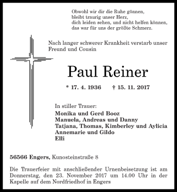 Traueranzeigen von Paul Reiner | rz-trauer.de