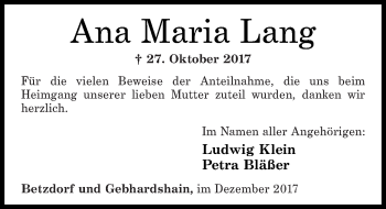 Traueranzeigen von Anna Maria Lang | rz-trauer.de