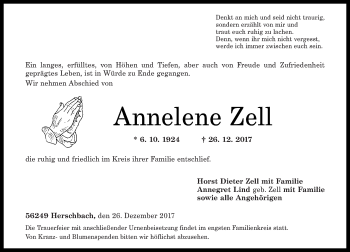 Traueranzeigen von Annelene Zell | rz-trauer.de